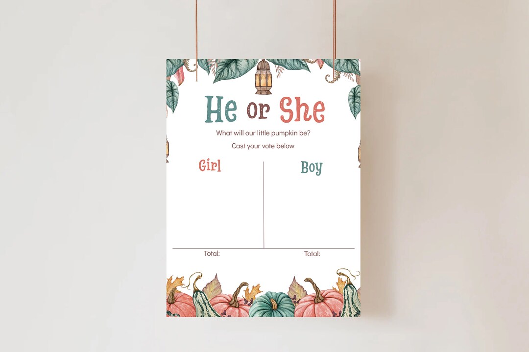 Pumpkin Gender Reveal Voting Sign: He or She, Fall Theme (digital ...