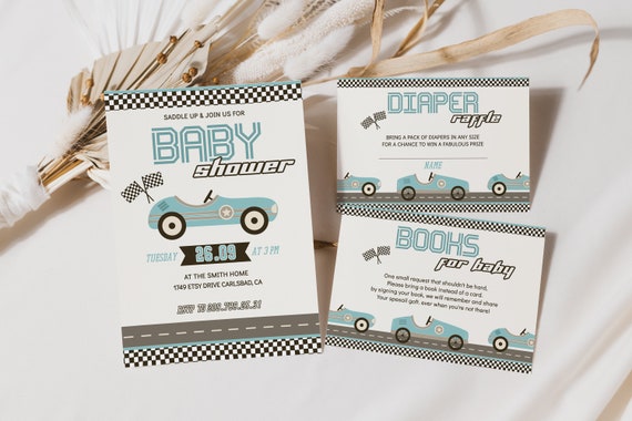 Race Car Baby Shower Invitation Set, Racing Party Theme Baby Shower ...