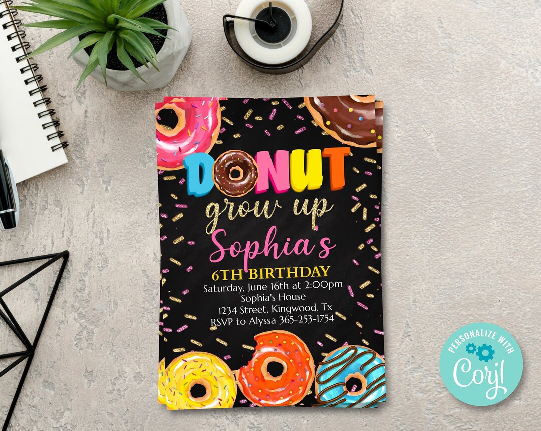 Donut Grow up Birthday Invitation Chalkbord, Doughnut Party Invite ...