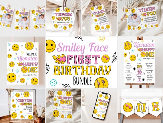 Smiley Face First Birthday Bundle, Happy One Smiley Birthday Invitation ...