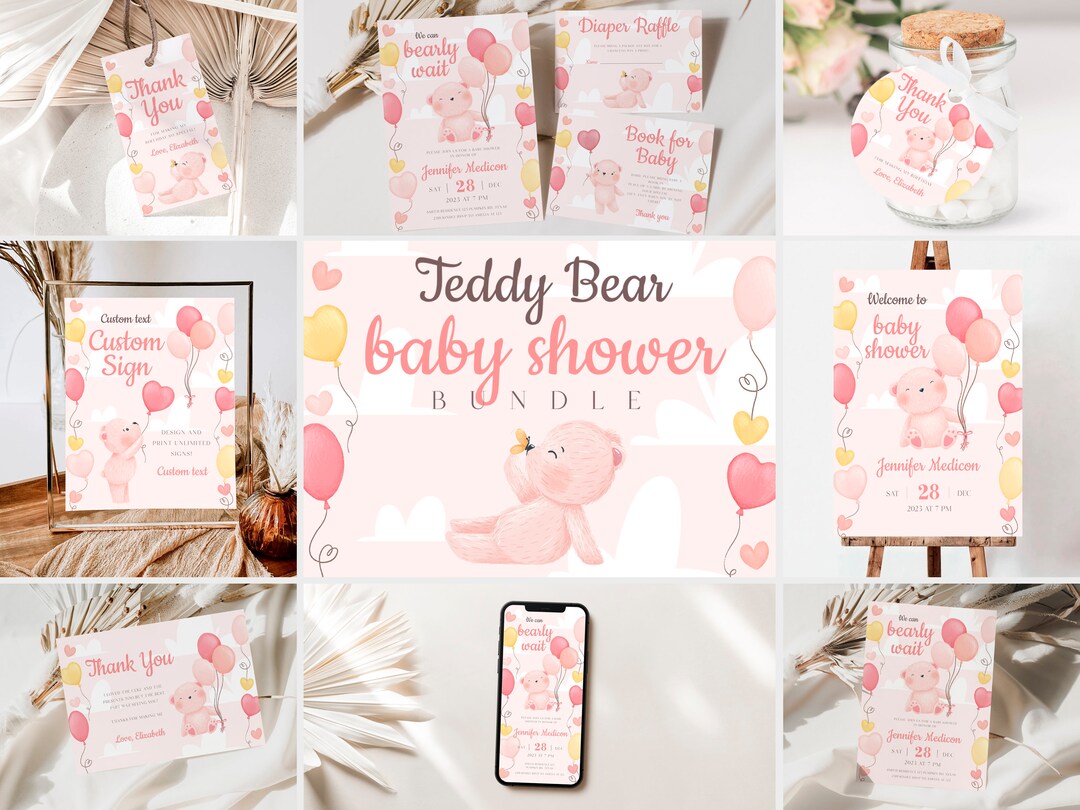 Teddy Bear Girl Baby Shower Bundle, Printable Editable Balloons Teddy ...