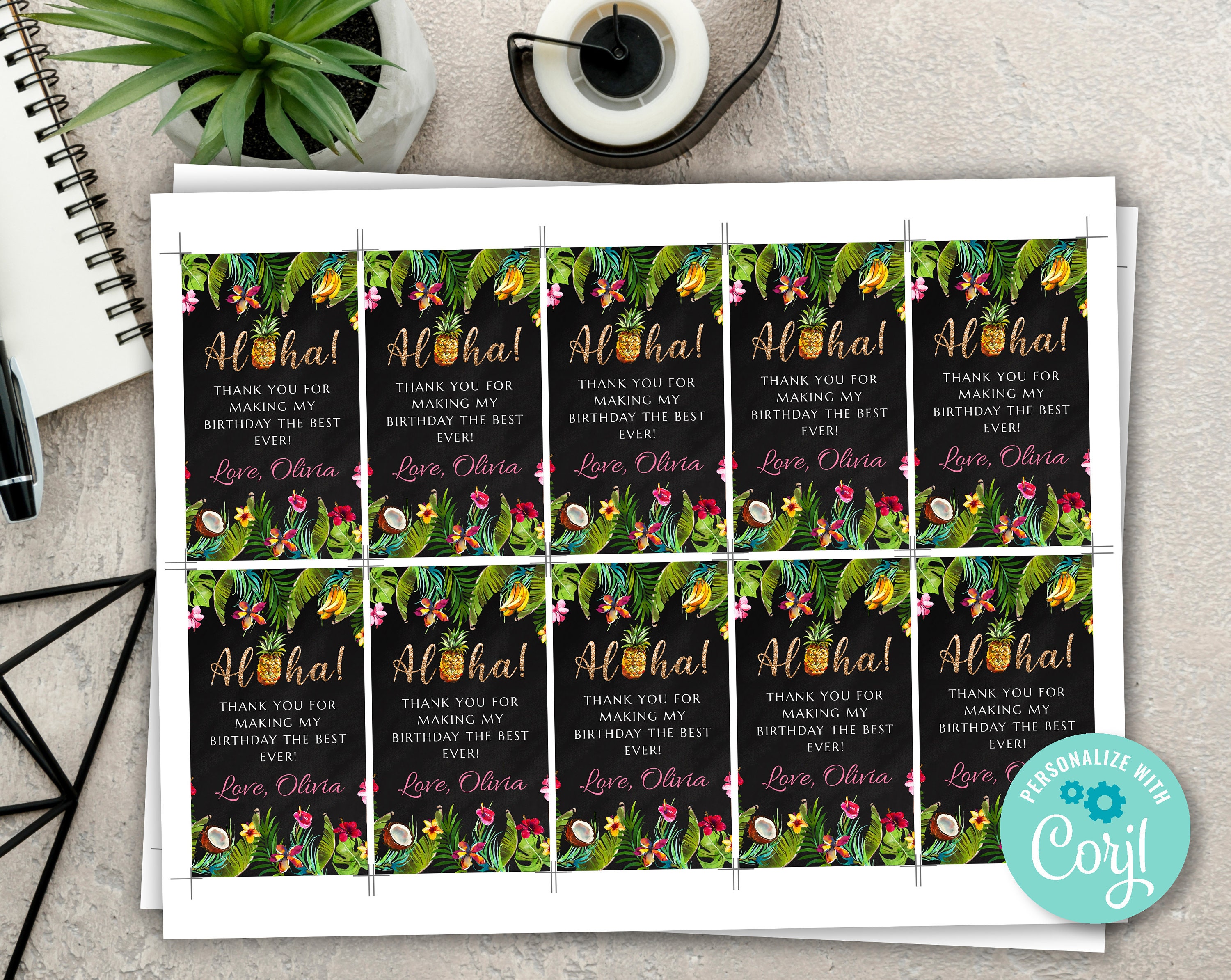 Tropical Birthday Thank You Tag Chalkboard Luau Birthday - Etsy