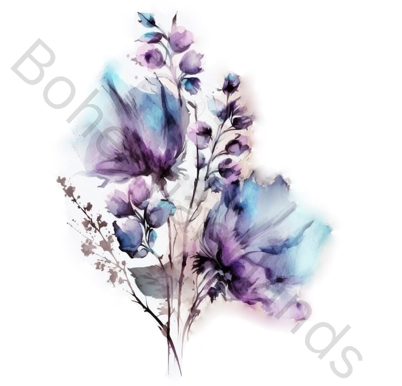 12 Printable Abstract Violet Flowers Clipart Bundle | Watercolor Flower ...