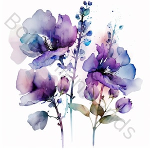 12 Printable Abstract Violet Flowers Clipart Bundle | Watercolor Flower ...
