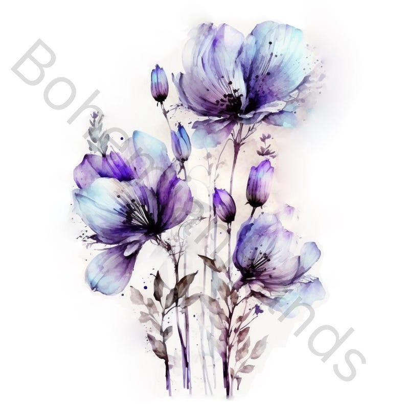 12 Printable Abstract Violet Flowers Clipart Bundle | Watercolor Flower ...