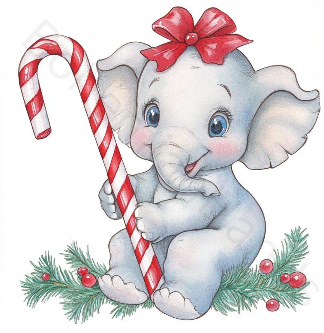 12 Printable Cute Christmas Elephants Candy Cane Clipart Bundle ...