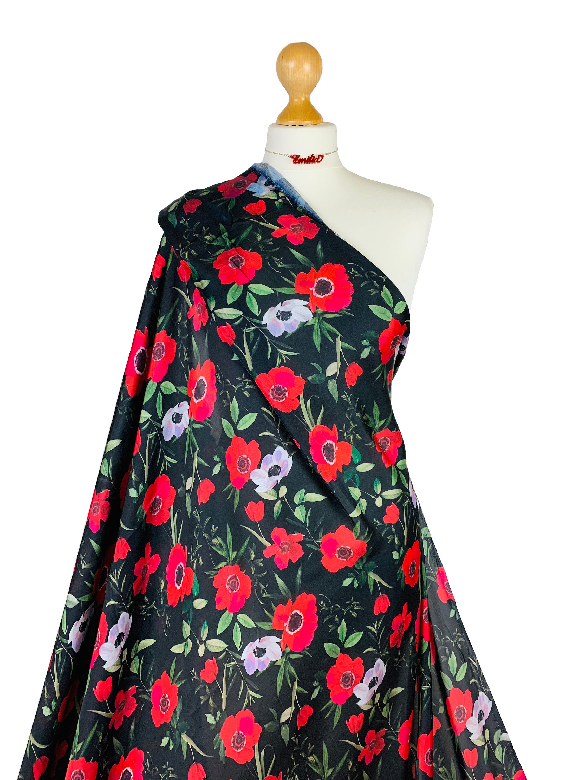 Premium Quality Poppies on Black Printed Silky Satin - Etsy UK