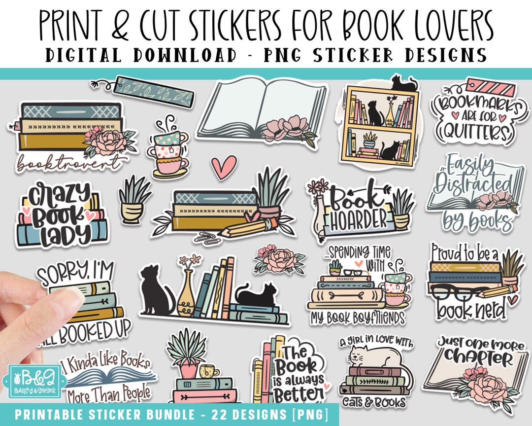 Printable Book Lover Stickers PNG Stickers - Print and Cut Book ...