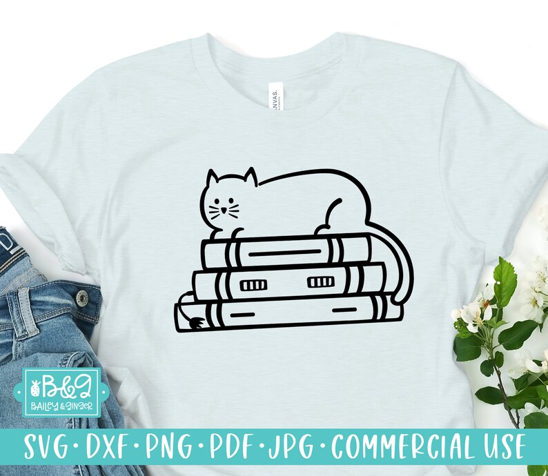 Cat on Books SVG File Stack of Books With Cat Teacher - Etsy