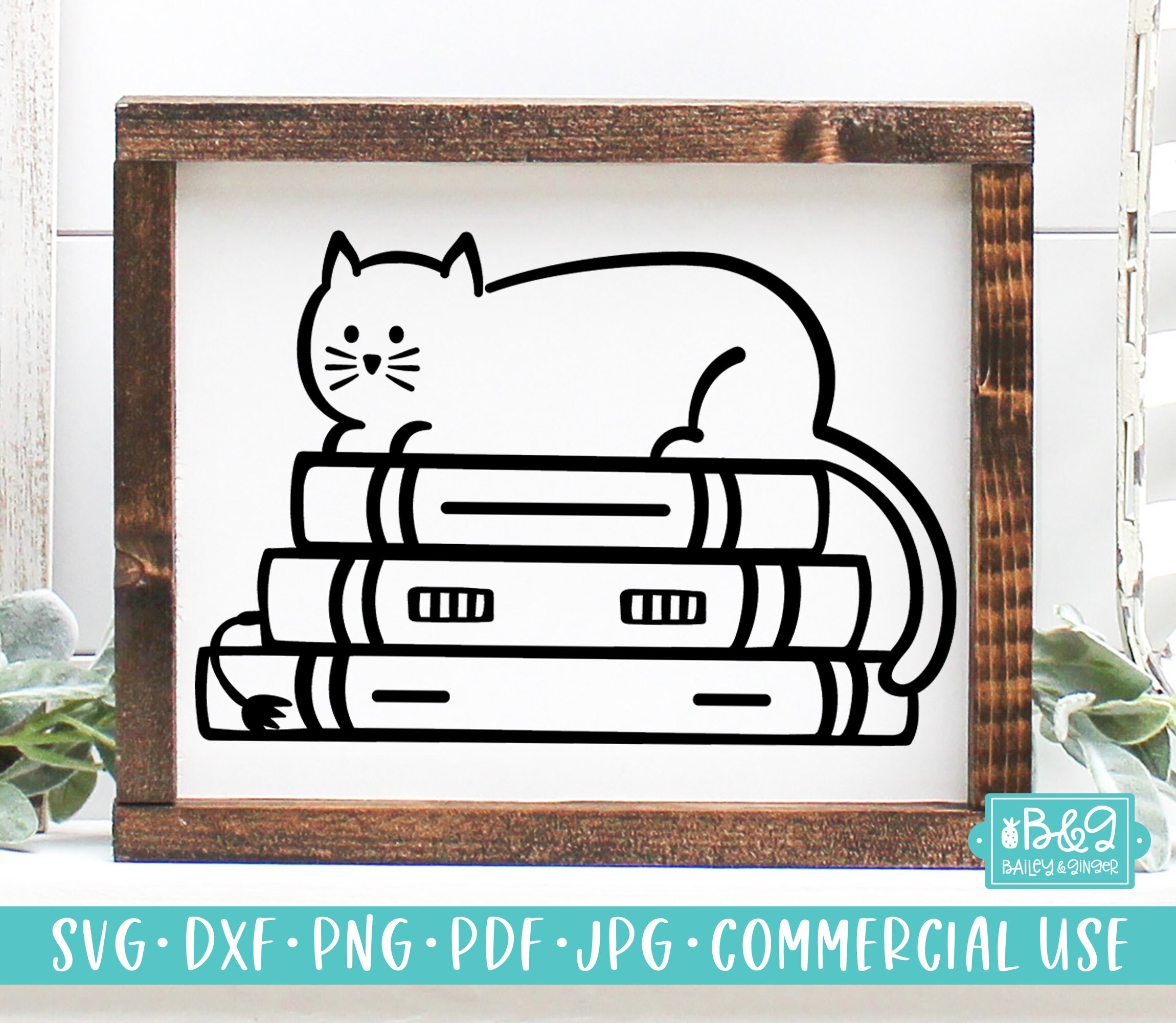 Cat on Books SVG File, Stack of Books With Cat, Teacher, Reading ...