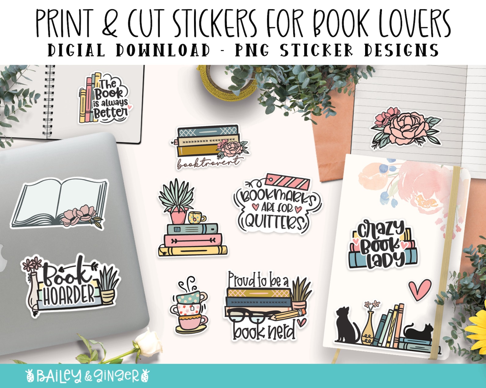 Printable Book Lover Stickers PNG Stickers Print and Cut Book Stickers ...
