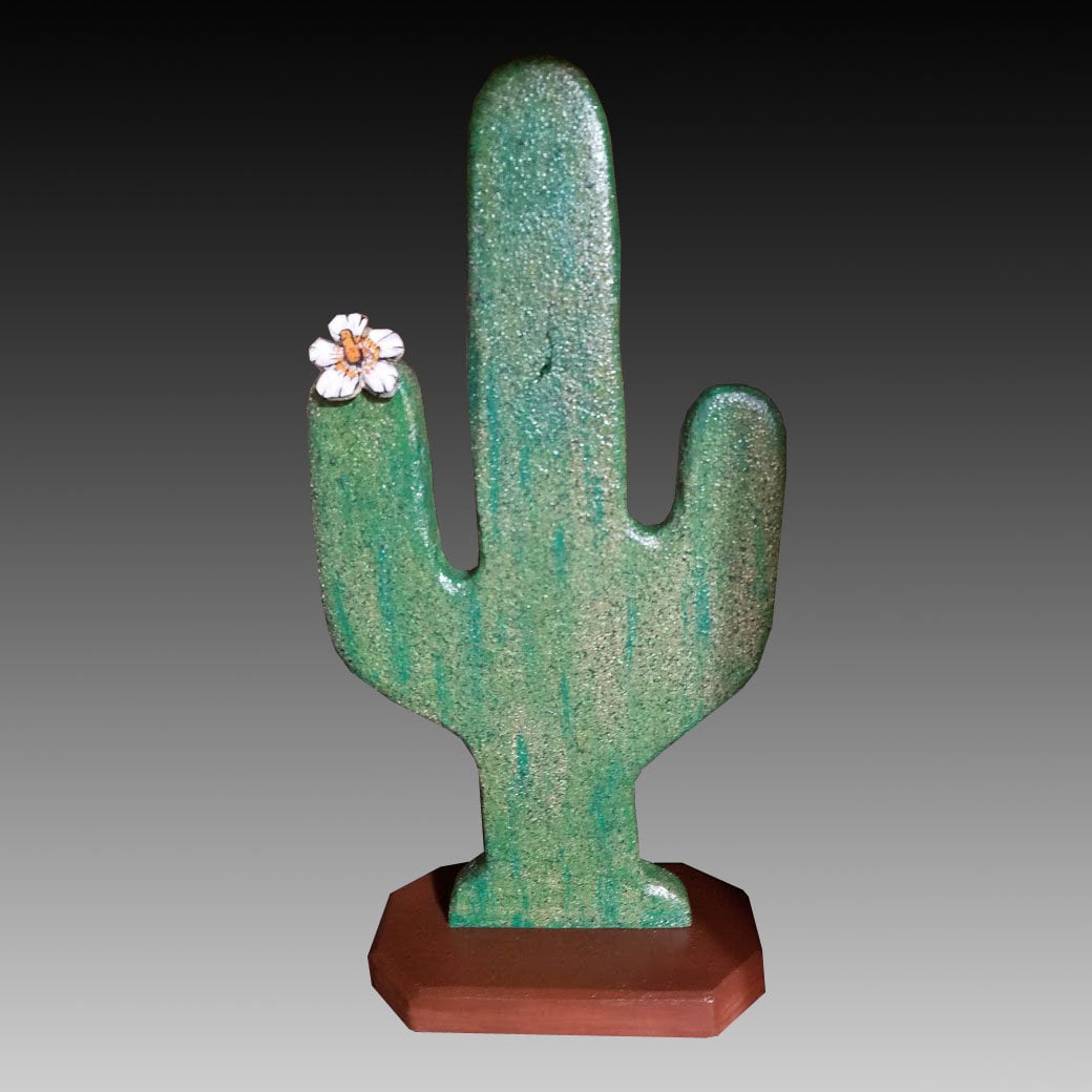 Handmade Wooden Saguaro Cactus With Hand Painted Cherry Wood Flower, 14 ...
