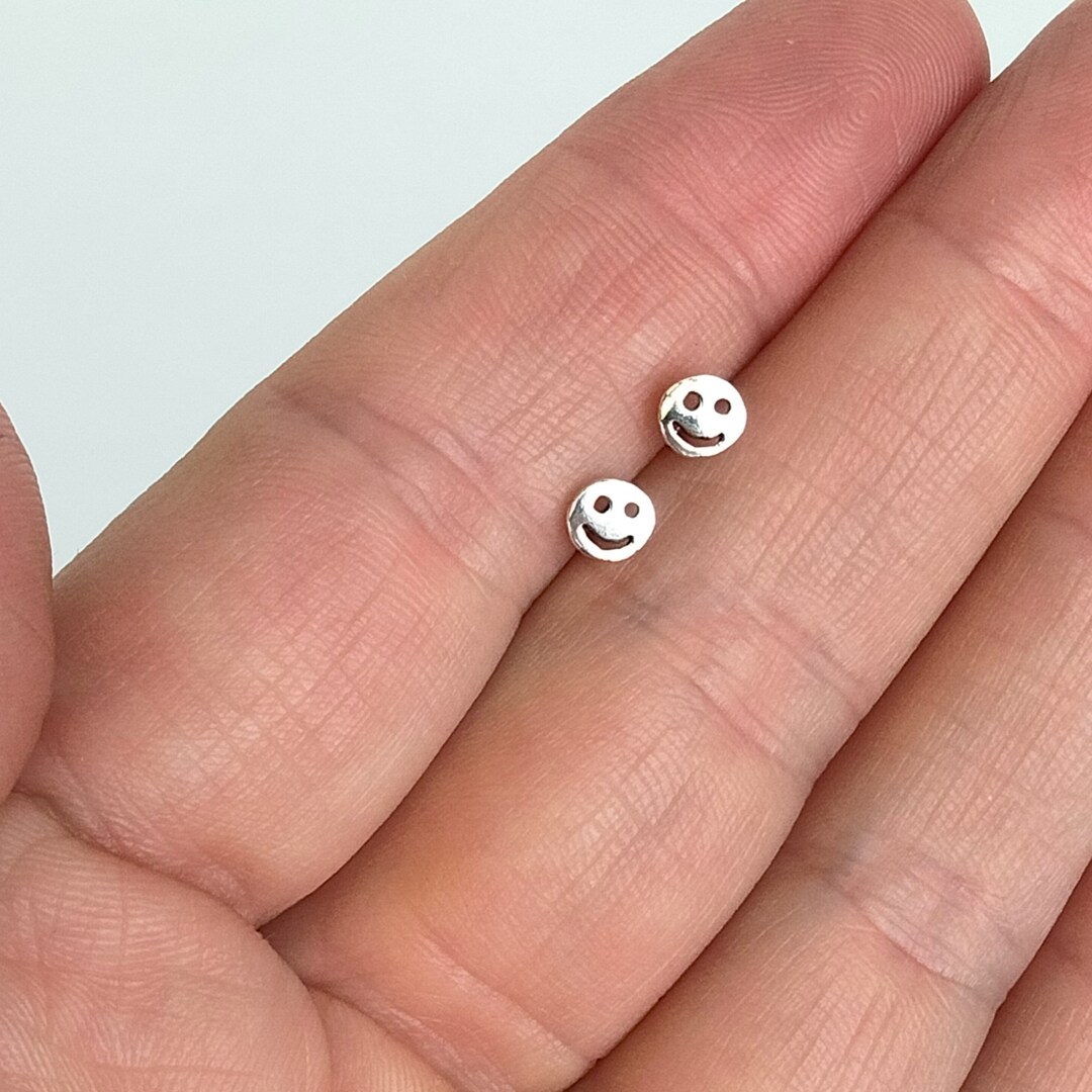Sterling Silver Smiley Face Stud Earrings - 5mm Tiny Studs With ...
