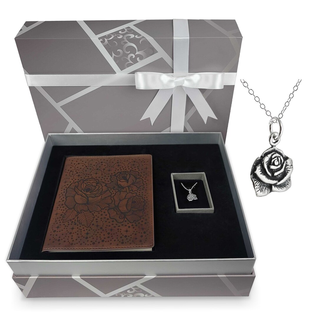 Rose Gift Box Set Engraved Leather Journal & Sterling Silver Rose ...