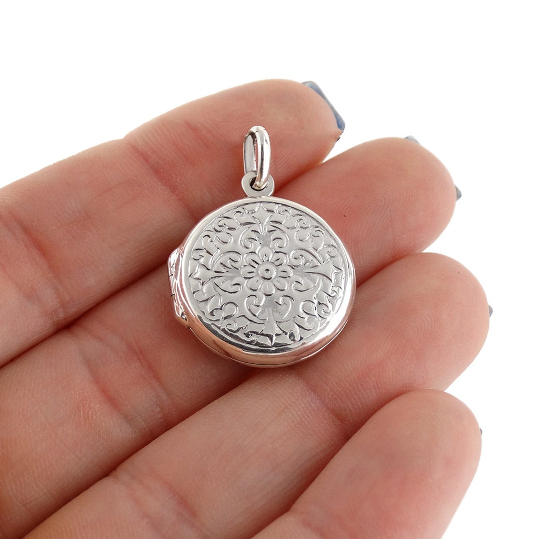 Sterling Silver Round Floral Locket - 2 Photo Pendant With Stamped ...