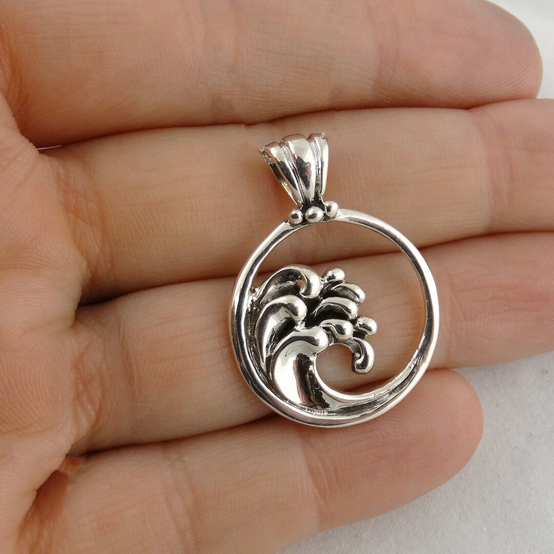 Sterling Silver Detailed Ocean Wave Charm - 22mm Circle With Attached ...
