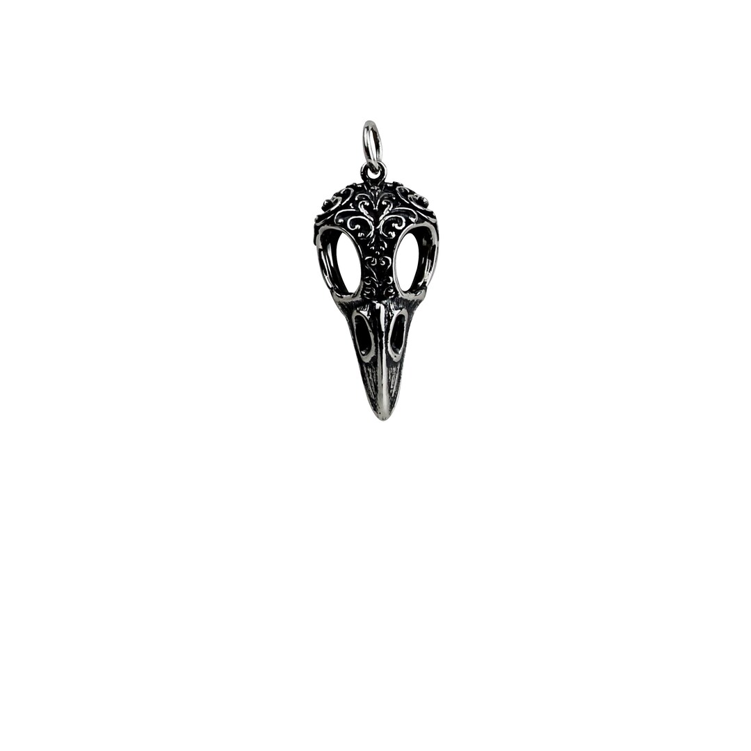 Silver Raven Skull Charm With Scroll Carving - Etsy