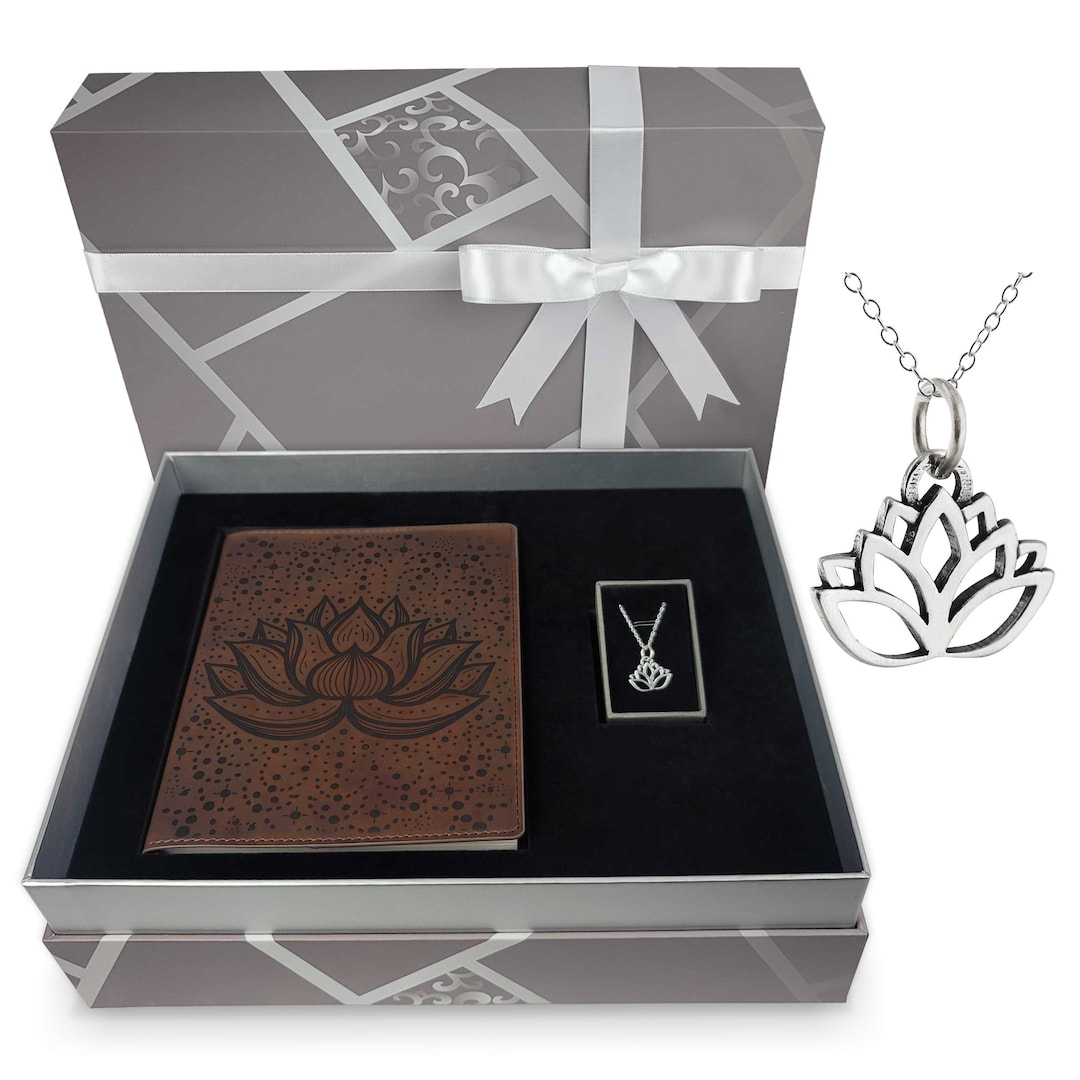Lotus Flower Gift Box Set Engraved Leather Journal & Sterling Silver ...