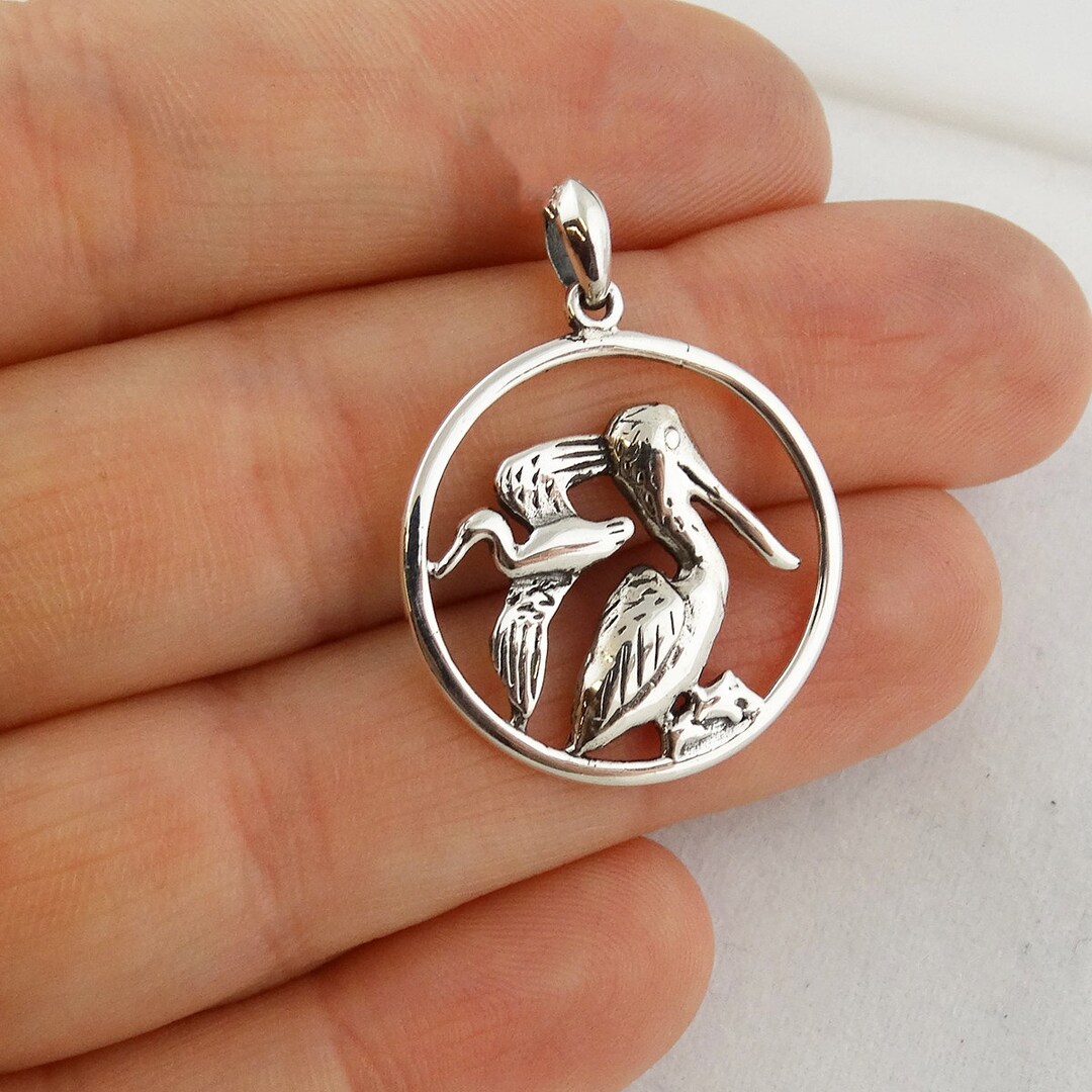 Sterling Silver Two Pelicans Pendant - 22mm Round Nautical Oceanside ...