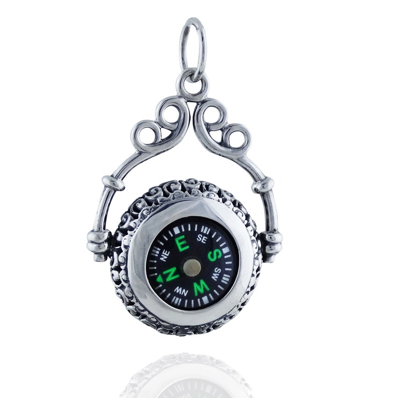 Sterling Silver Filigree Compass Pendant - Real Working Charm 1" X 1.5 ...
