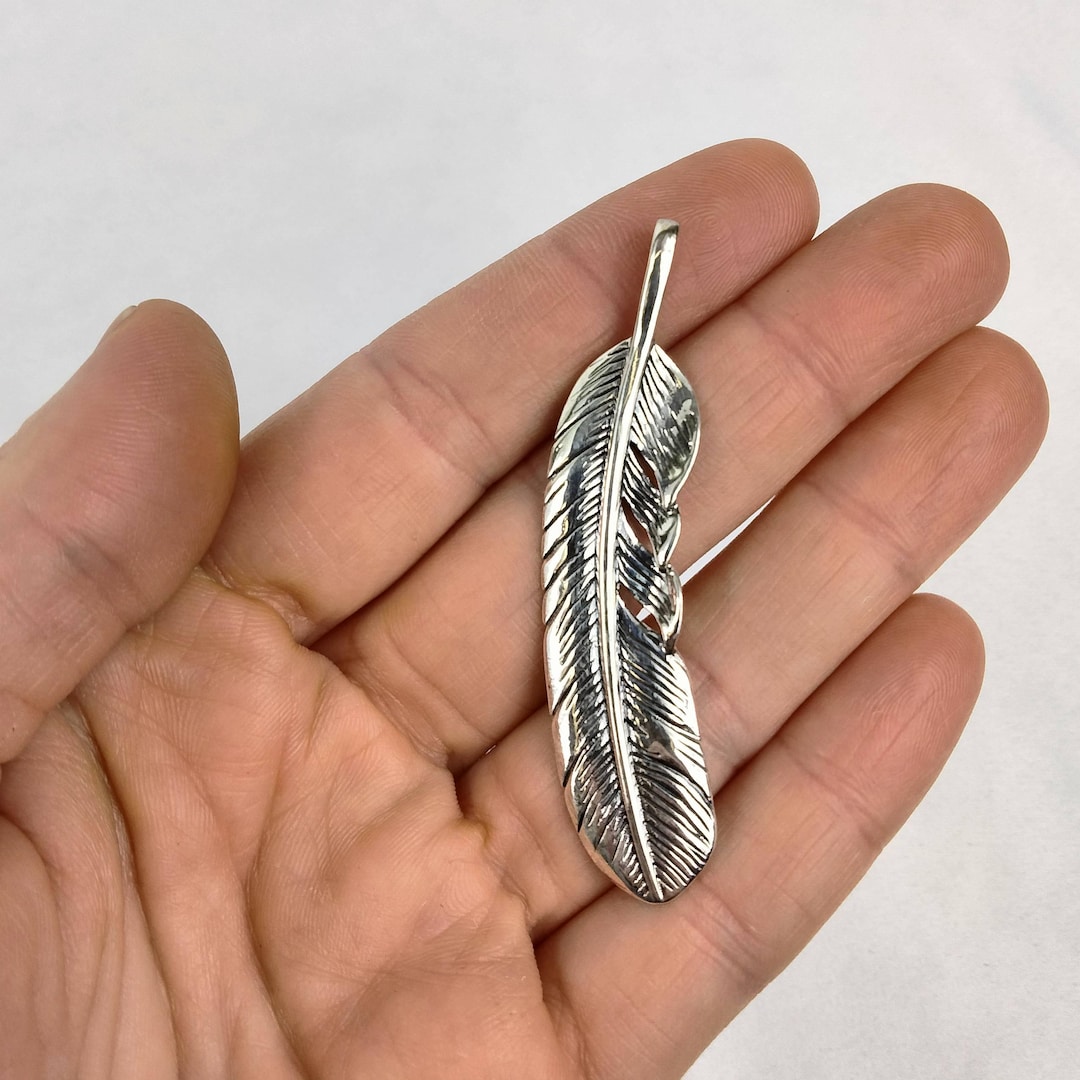 Large Detailed 3D Feather Pendant - 62mm X 14mm Sterling Silver ...