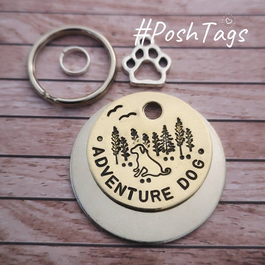 ADVENTURE DOG Trees Forest Woods Birds Dog Tag - Hand Stamped Made to ...
