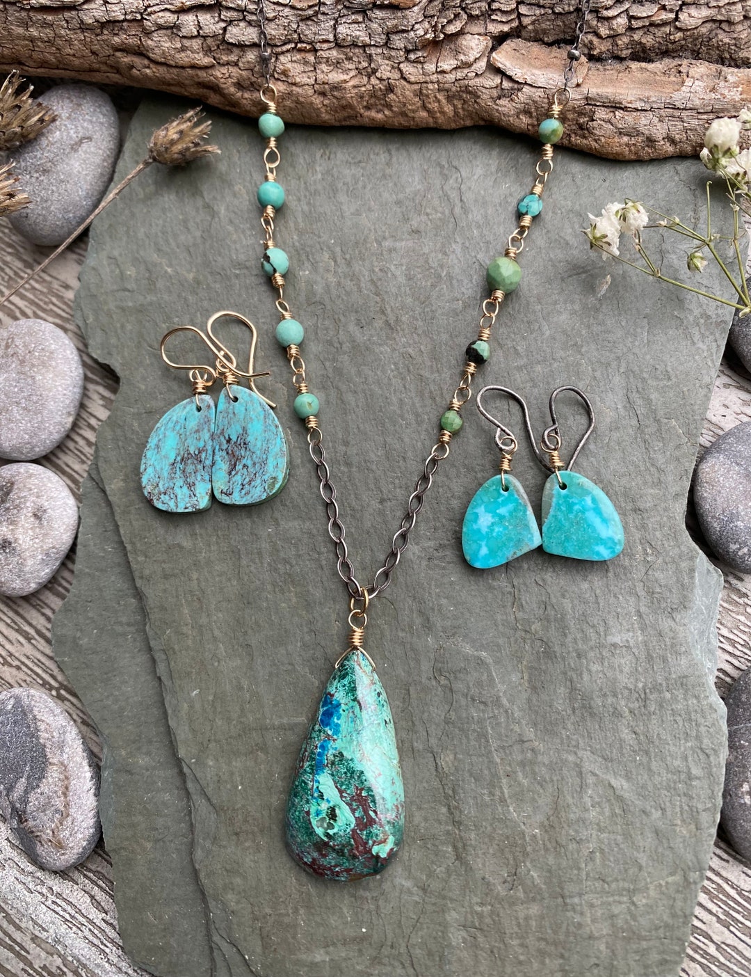 Shattuckite Necklace azurite, Chrysocolla, Mixed Metals, Oxidized, Gold ...