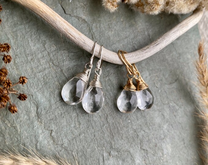 Crystal Quartz, Simple Drop Earrings, Gold, Sterling, Oxidized Sterling ...