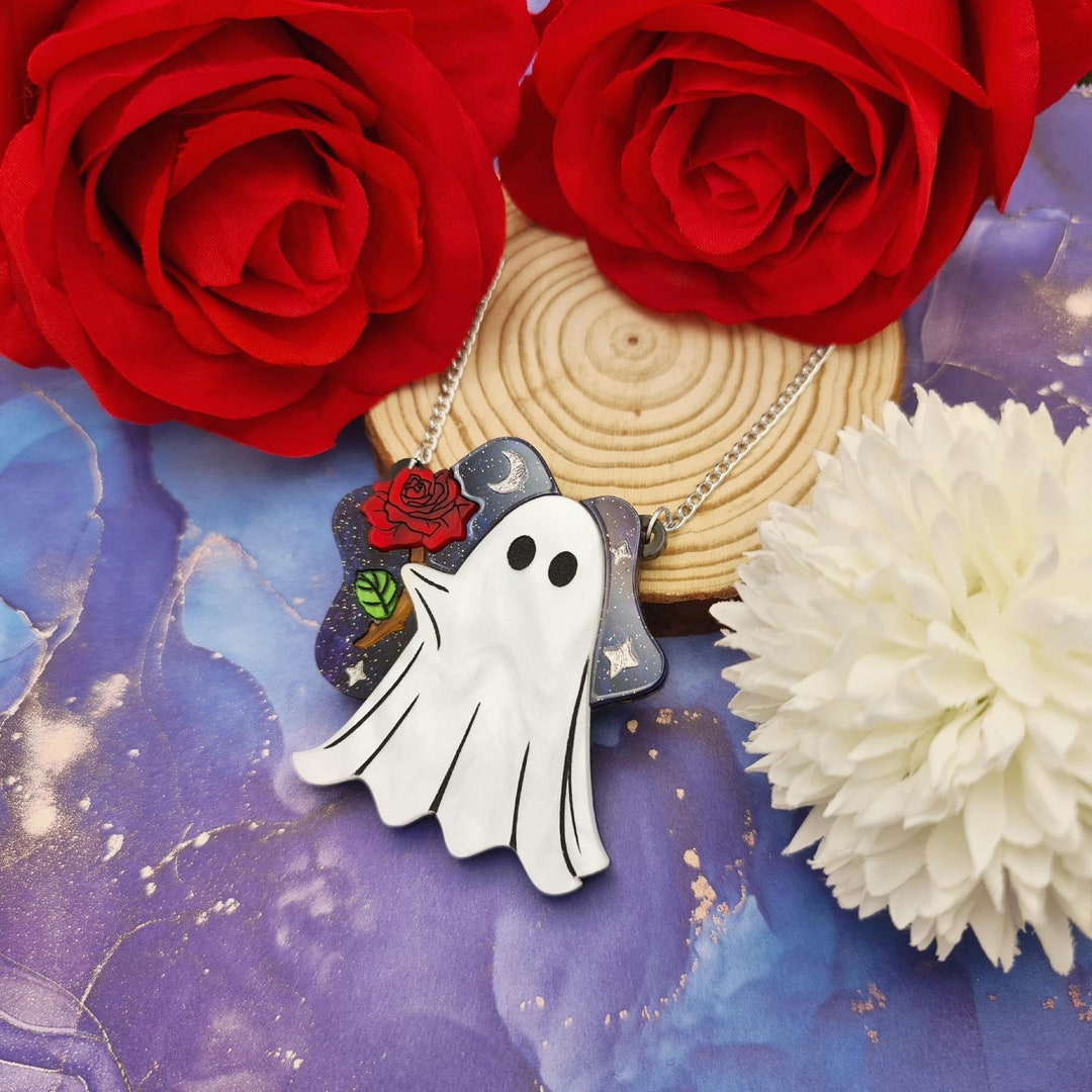 Sheet Ghost Halloween Necklace / Red Rose Statement Acrylic Jewelry ...