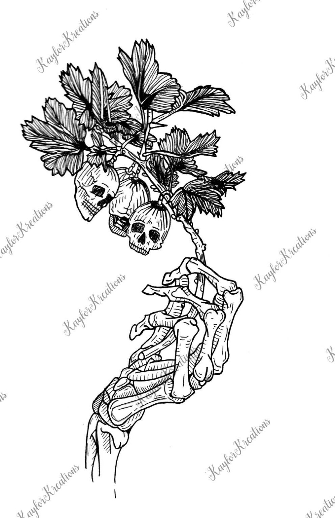 Snapdragon Skull, Skeleton Hand, Pen and Ink Illustration - Etsy
