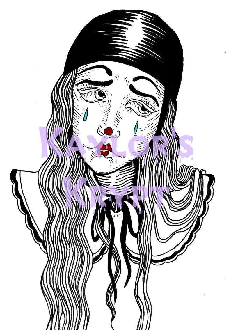 Creepy, Gothic, Spooky, Clown, Sad Girl, Pen and Ink, Art Print - Etsy