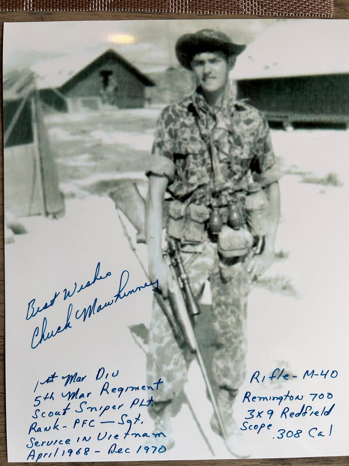 102 Confirmed Kills Vietnam USMC Sniper Chuck Mahwhinney Signed COPY ...