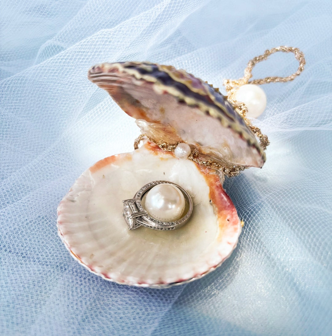 Unique Wedding Seashell Engagement Ring Bearer Box Vintage Shell Ring ...