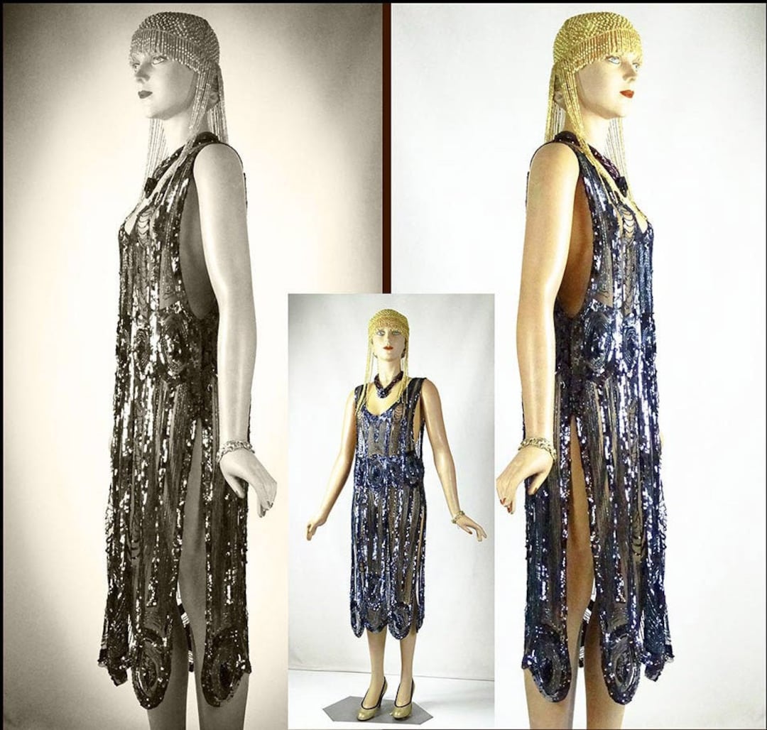 Original 1920s Flapper Beaded and Sequin Iridescent Blue Evening Dress ...