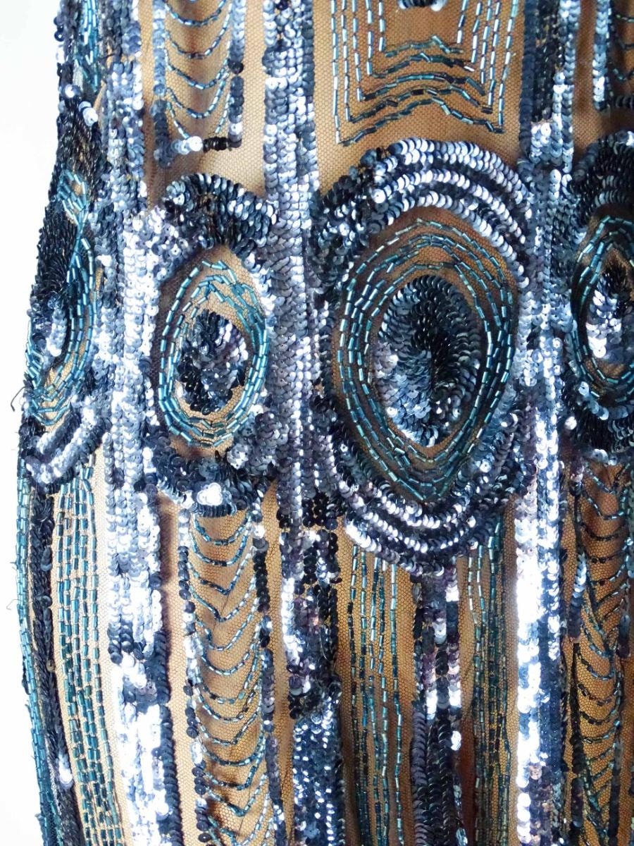 Original 1920s Flapper Beaded and Sequin Iridescent Blue Evening Dress ...