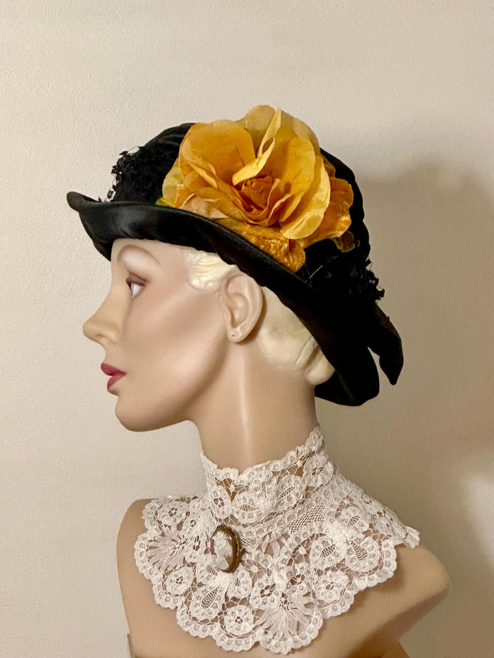 A Classic Edwardian Black Silk Satin Short Brim Hat With Large Gold ...