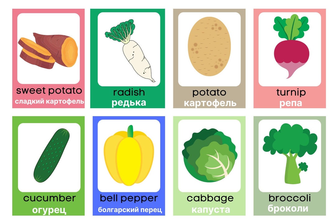 ESL Multilingual Flashcards Labels Vegetables English Russian Printable ...
