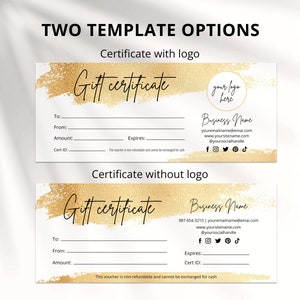 Gold Gift Certificate Template Printable and Editable, Editable Canva ...