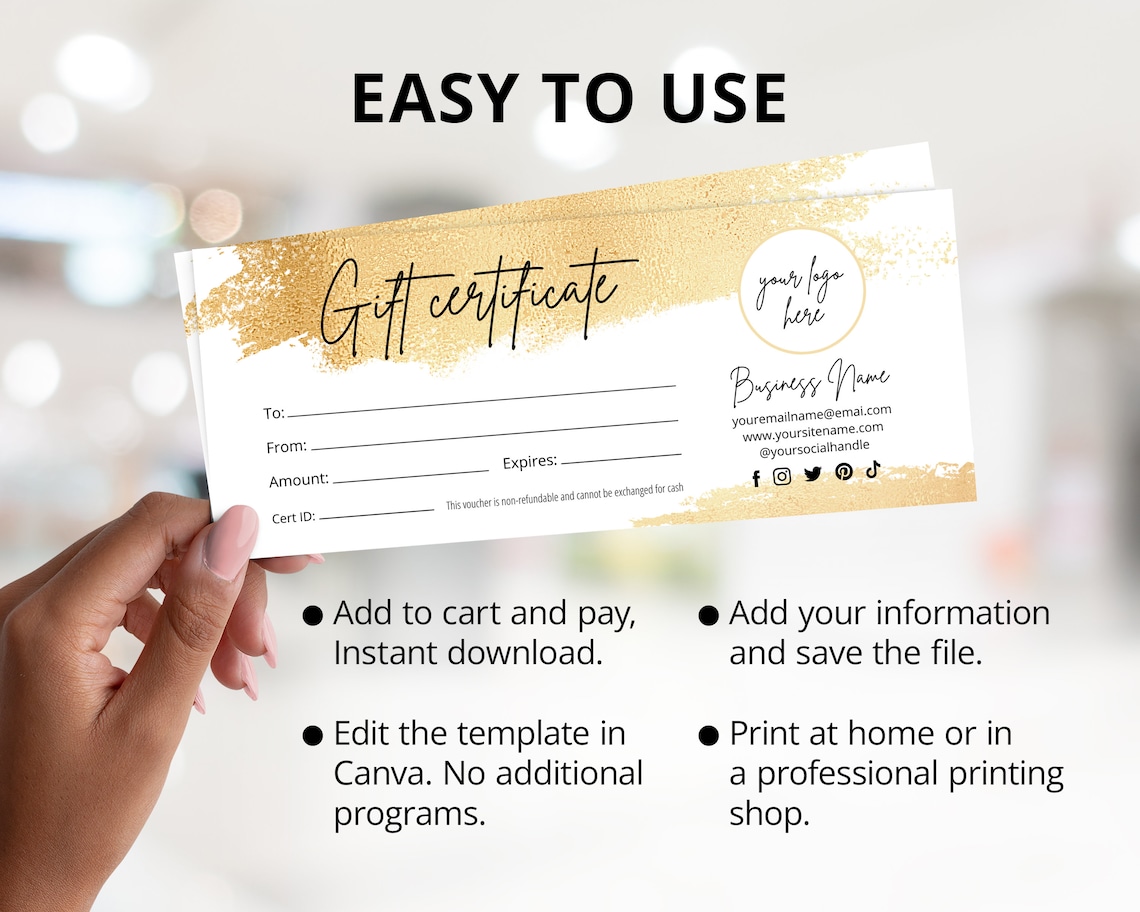 Gold Gift Certificate Template Printable and Editable - Etsy