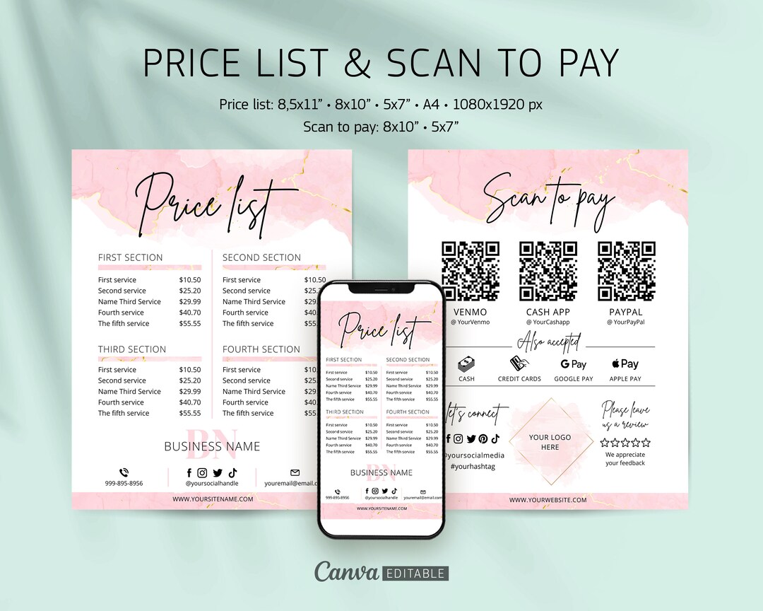 Editable Price List Template Sign QR Scan to Pay Template for - Etsy