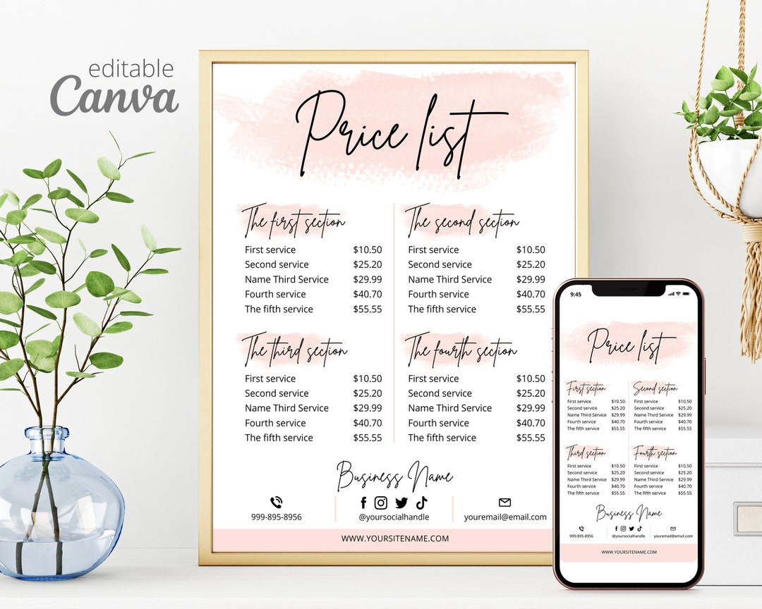 Editable Price List Template Sign for Small Business, Printable Price ...