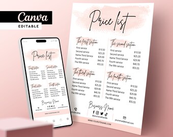 Pink Editable Price List Template, Printable Price Guide, Salon Price List, Boutique Price List ...