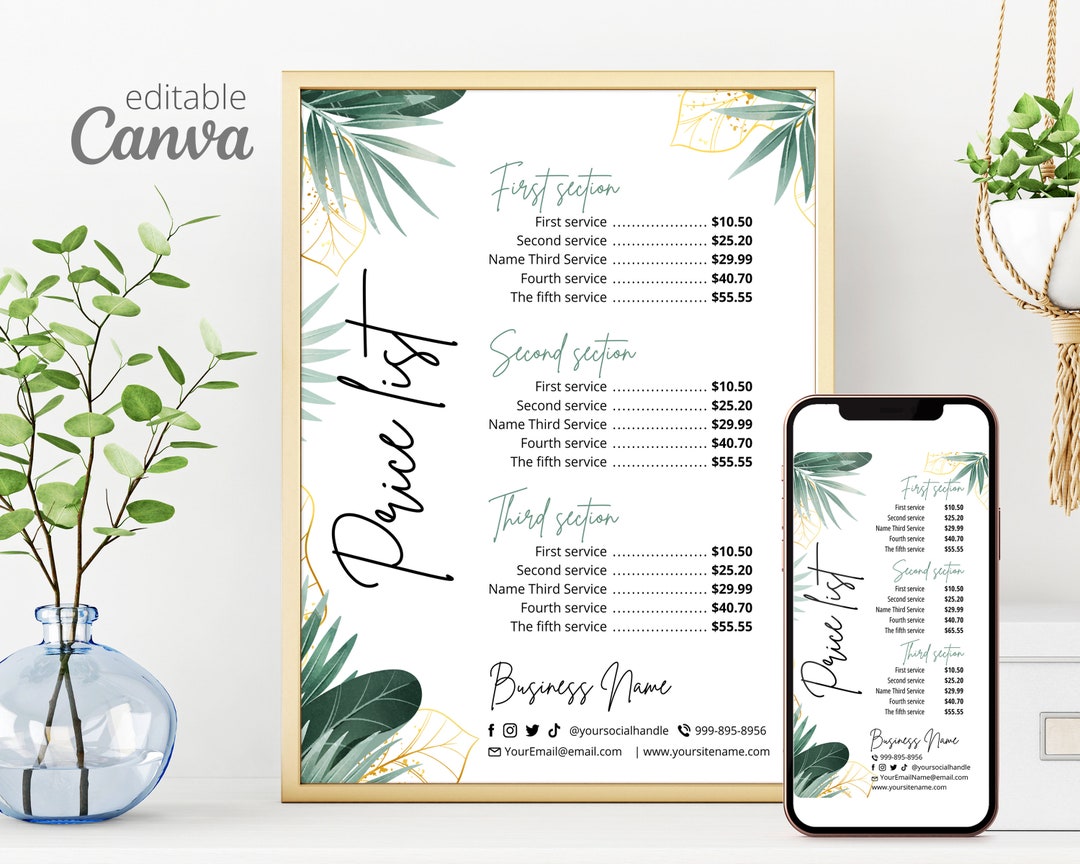 Price List Template Editable Sign for Small Business, Editable Price List Template Canva ...