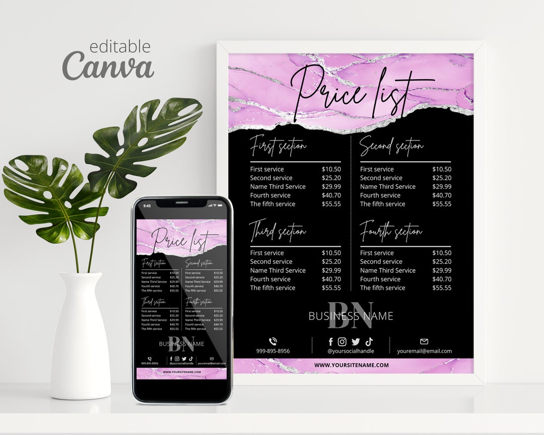 Editable Printable Price List Template Sign for Small Business, Price ...
