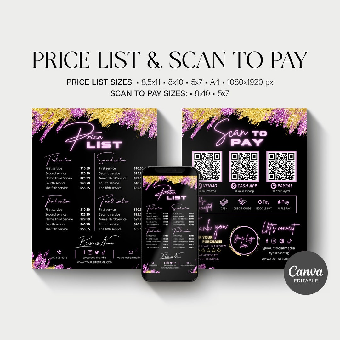 Buy Price List Template Sign, Editable Scan to Pay for Small Business ...