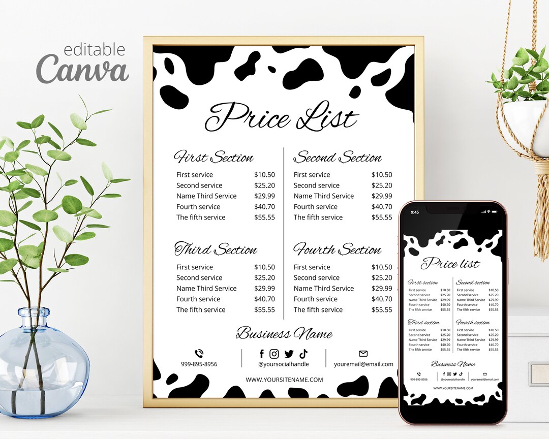 Editable Printable Price List Template, Small Business Sign, Modern ...