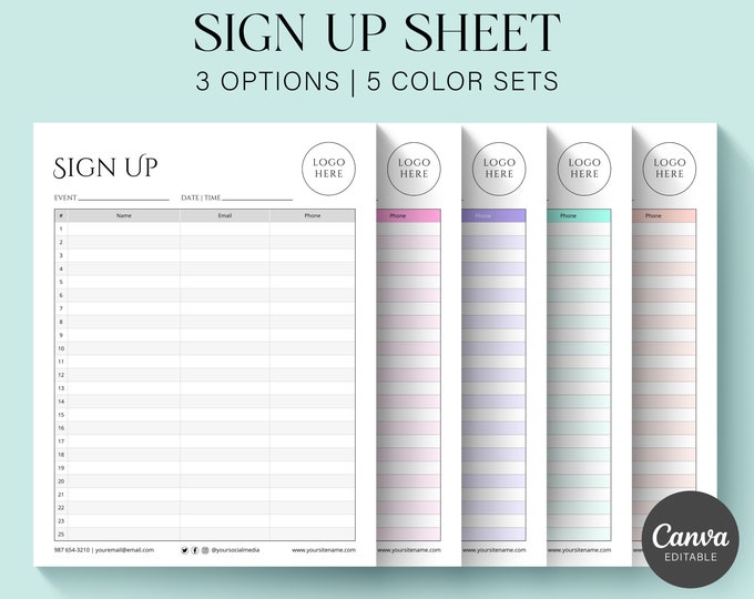 Printable Email List Sign-up Sheet Template Color Mint| Editable ...