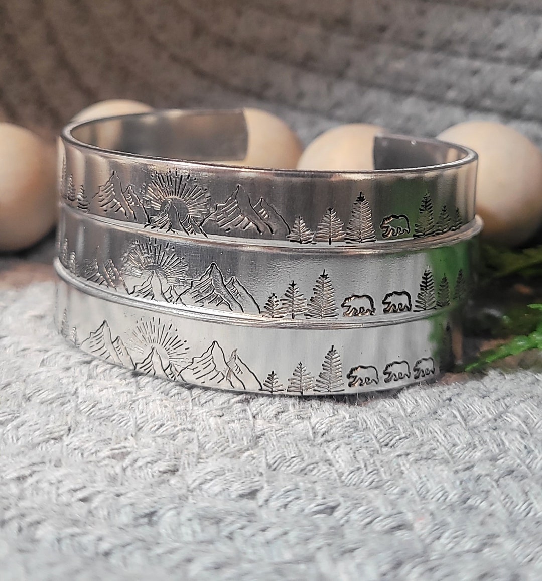 Mama Bear and Cubs Mountain Scene Cuff, Hand Stamped Aluminum, Nature ...