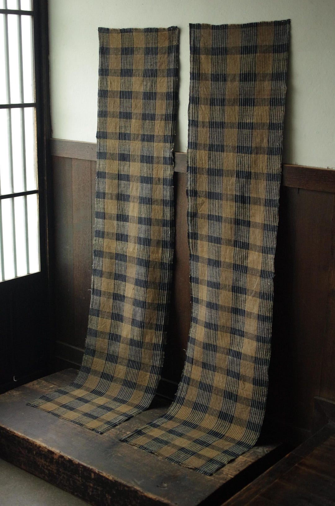 Brown and Indigo Checkered Cotton Fabric From Around the Taisho Period ...
