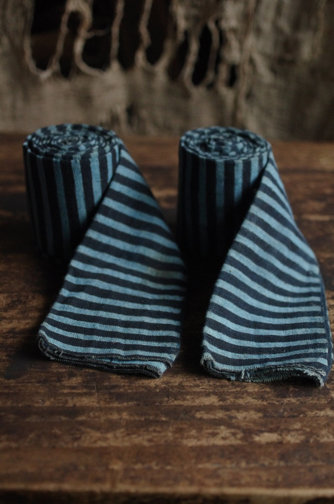 A Set of Two Striped Obi Cloths With Stencil-dyed Patterns for Hanten ...